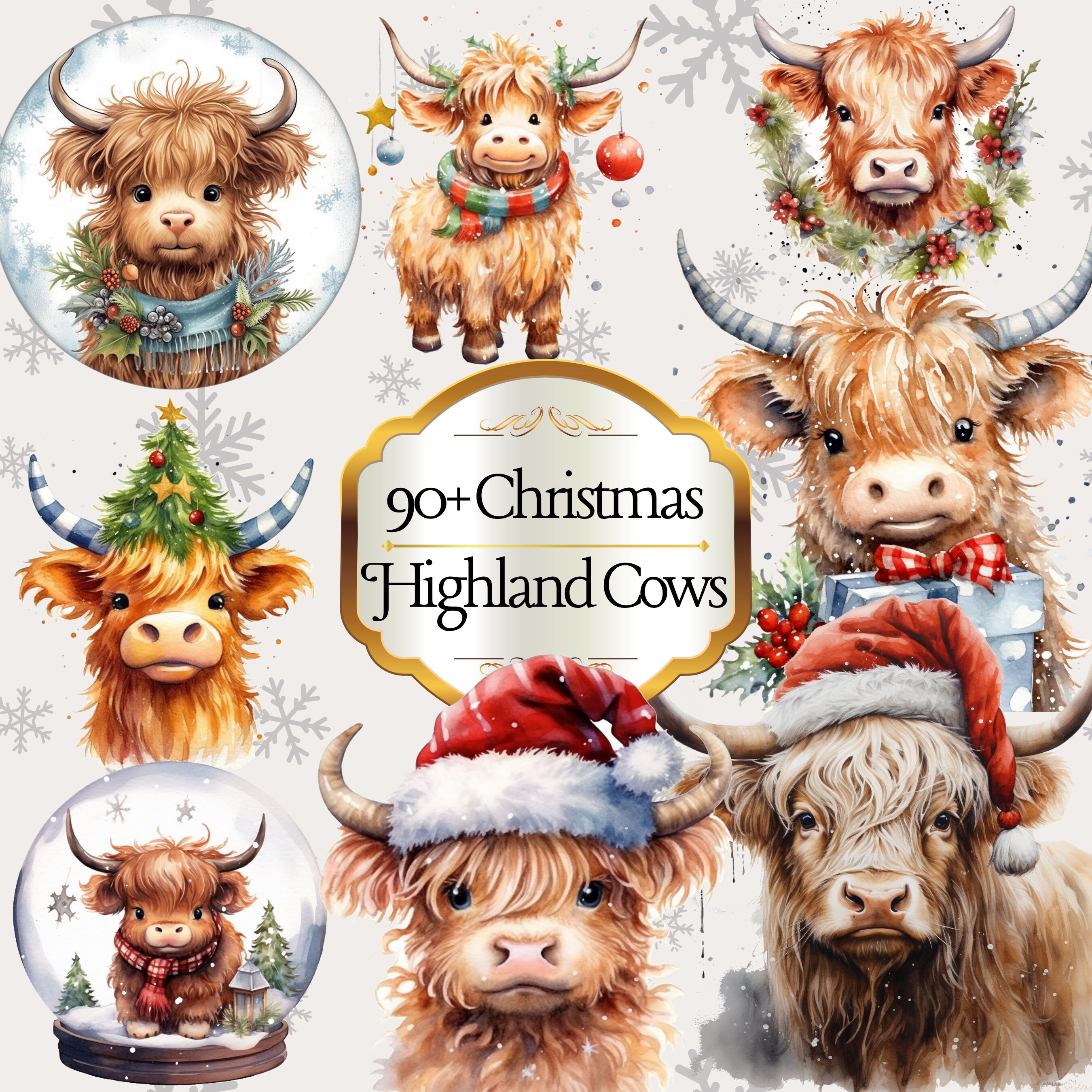 Watercolor Christmas Highland Cows Clipart: Cow Art for Christmas ...