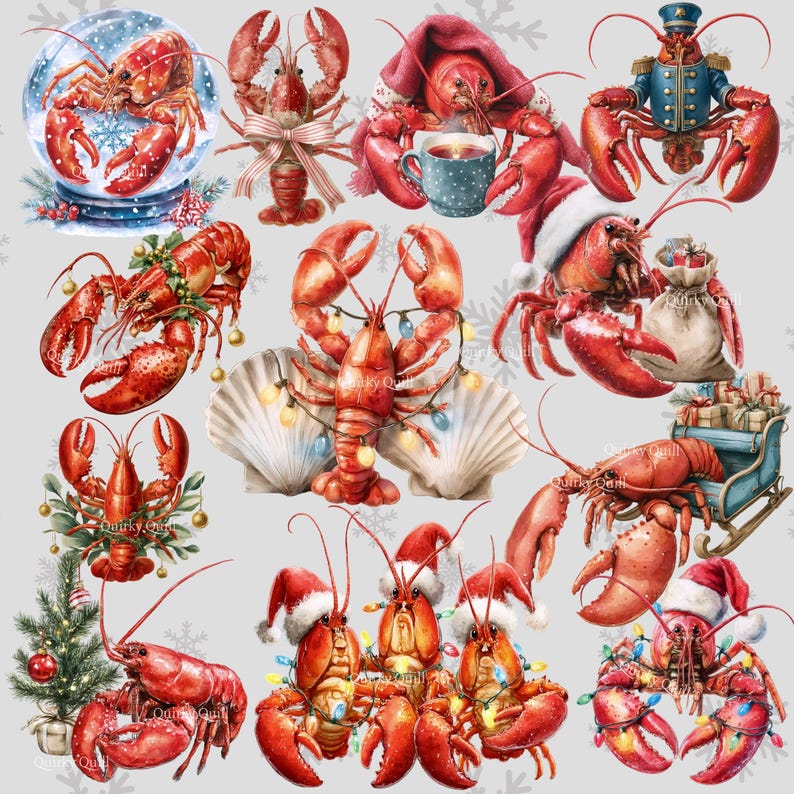 25 Christmas Crawfish Clipart Set | Watercolor Holiday Crawfish PNG ...