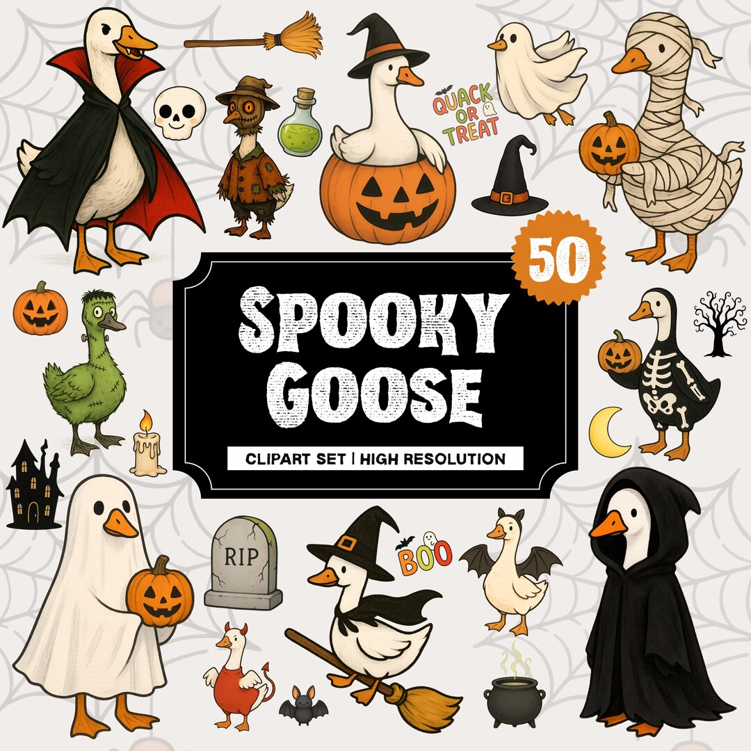 50 Halloween Spooky Goose Clipart | PNG Bundle | Cartoon Goose Costumes ...
