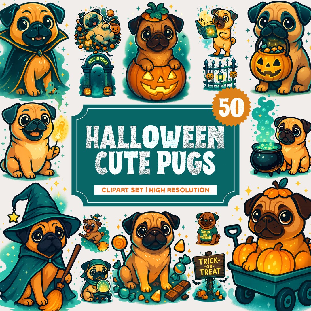 Halloween Pug Clipart Set – 50 | Cute Cartoon Pugs in Costumes | Pug ...