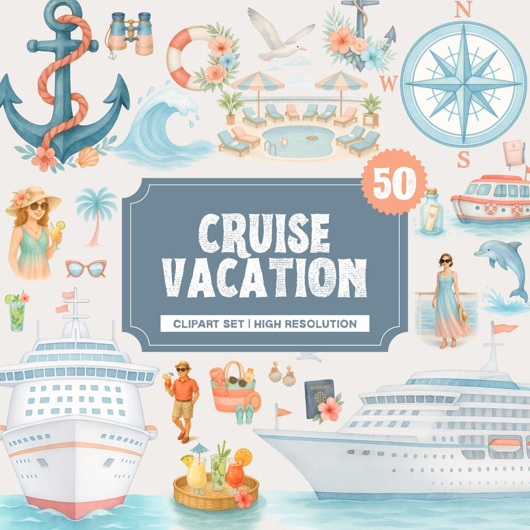 Cruise Vacation Clipart Set – 50 | Watercolor Nautical Illustrations ...