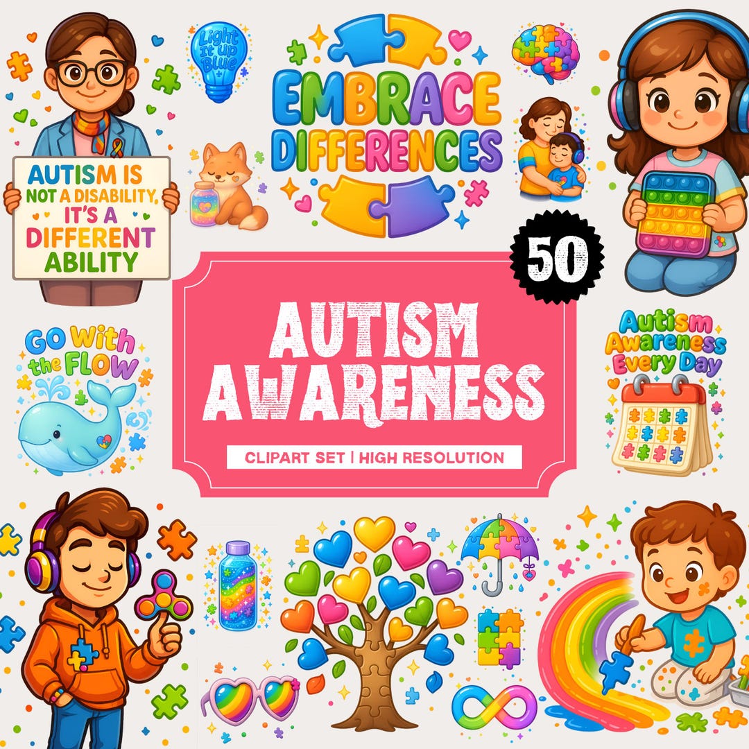 Autism Awareness Clipart Set – 50 | Neurodiversity Illustration Bundle ...