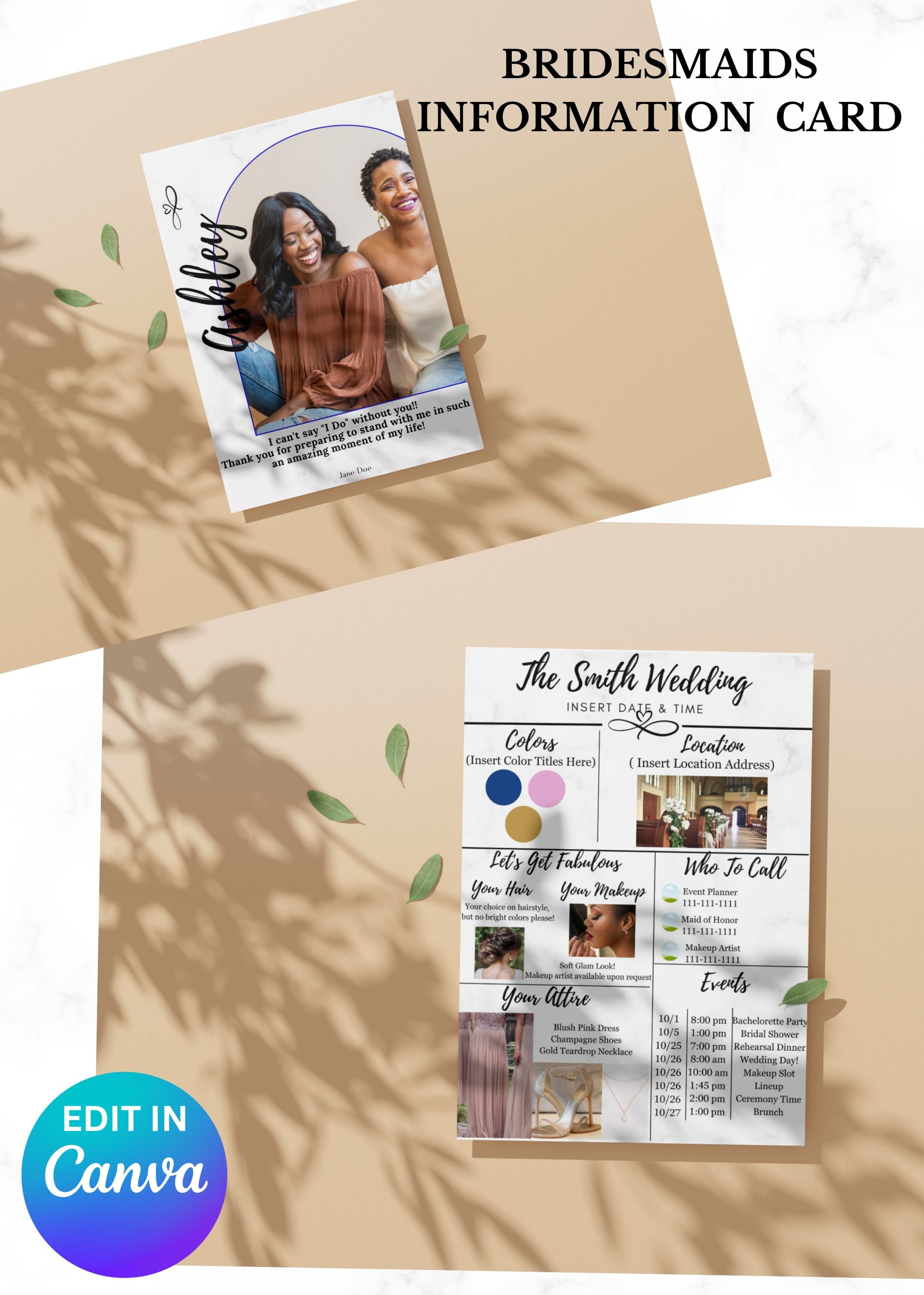 Editable Bridesmaid Info Card Template, Bridal Party Info Card ...