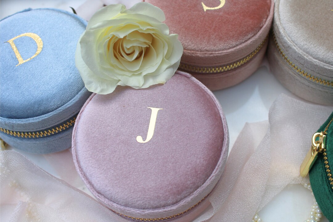 Custom Round Jewelry Box With Pressed Name, Italian Velvet Travel ...