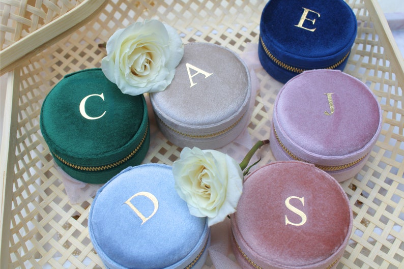 Custom Round Jewelry Box With Pressed Name, Italian Velvet Travel ...