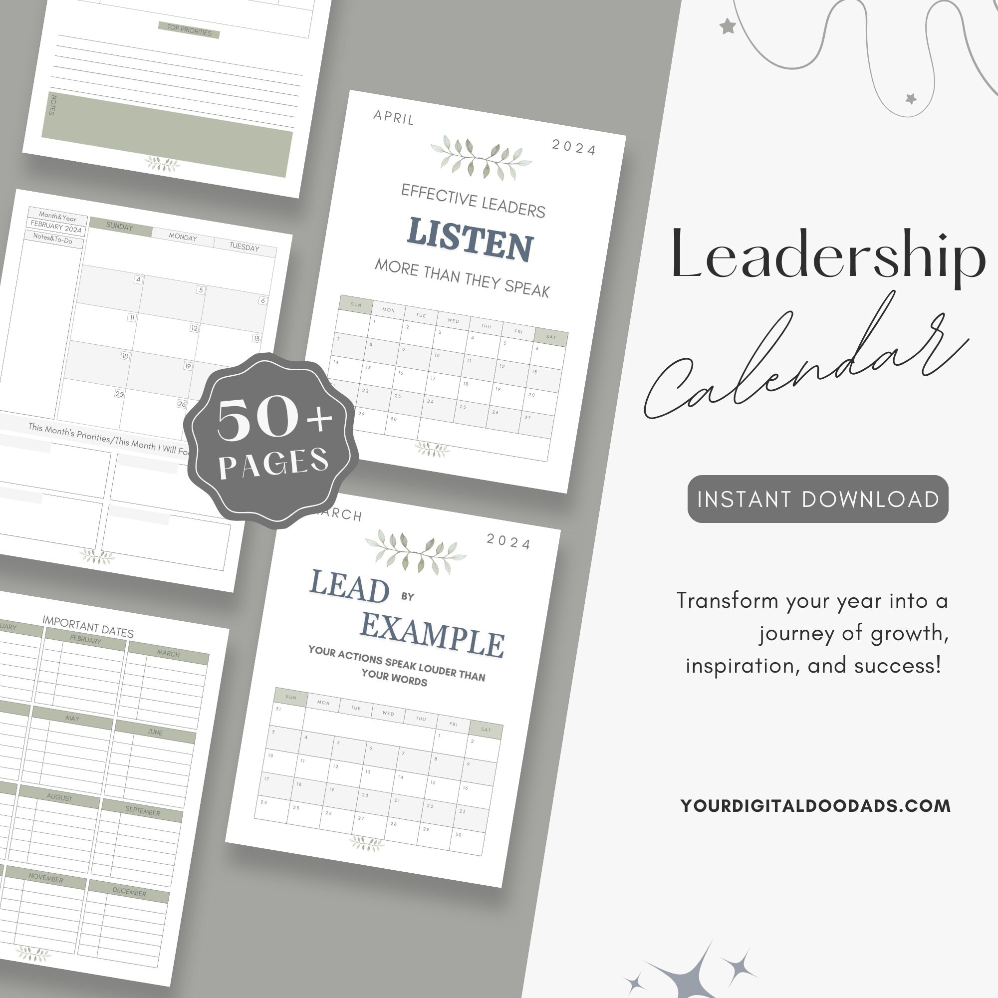 2024 Printable Leadership Quotes Calendar Monthly Motivational Planner ...