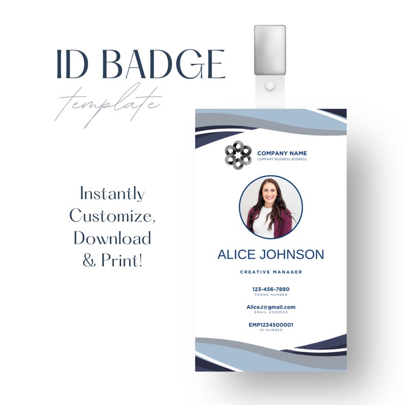 ID Badge Template Work Badge Photo ID Card Employee Name Badge ...