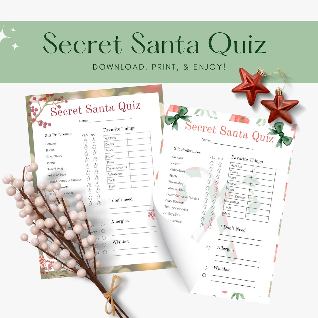 Printable Secret Santa Quiz, Holiday Gift Exchange Form, Office Party ...