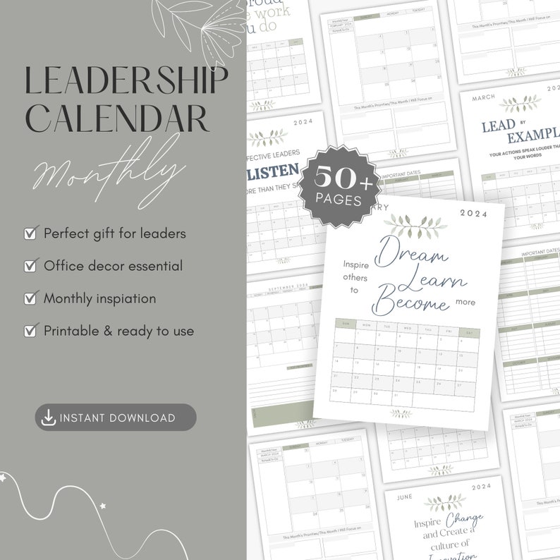2024 Printable Leadership Quotes Calendar Monthly Motivational Planner ...