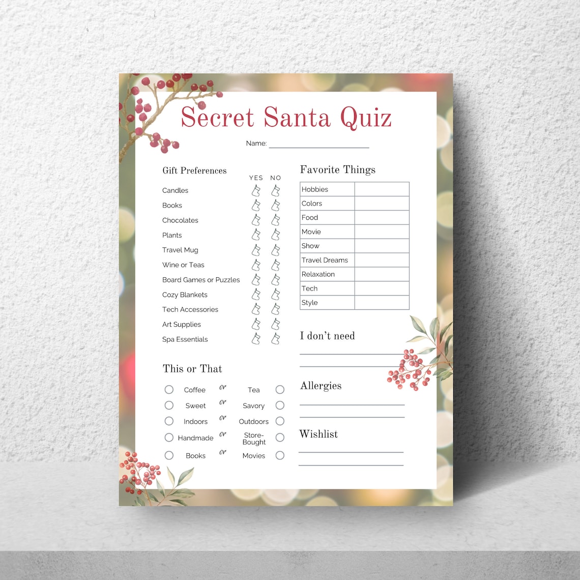 Printable Secret Santa Quiz, Holiday Gift Exchange Form, Office Party Gift Giving, Holiday Santa ...