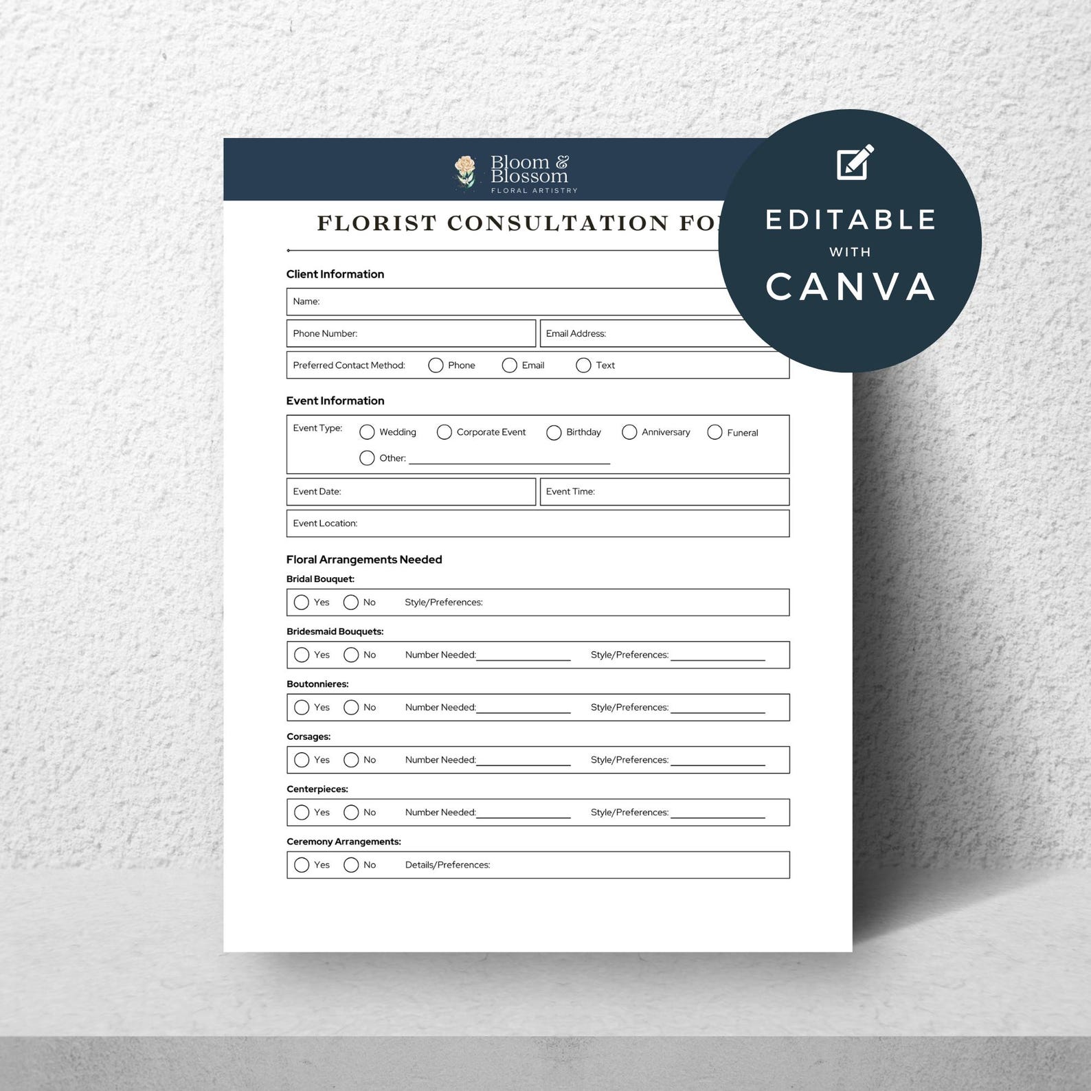 Florist Consultation Form Template, Editable Wedding Flower Planner ...