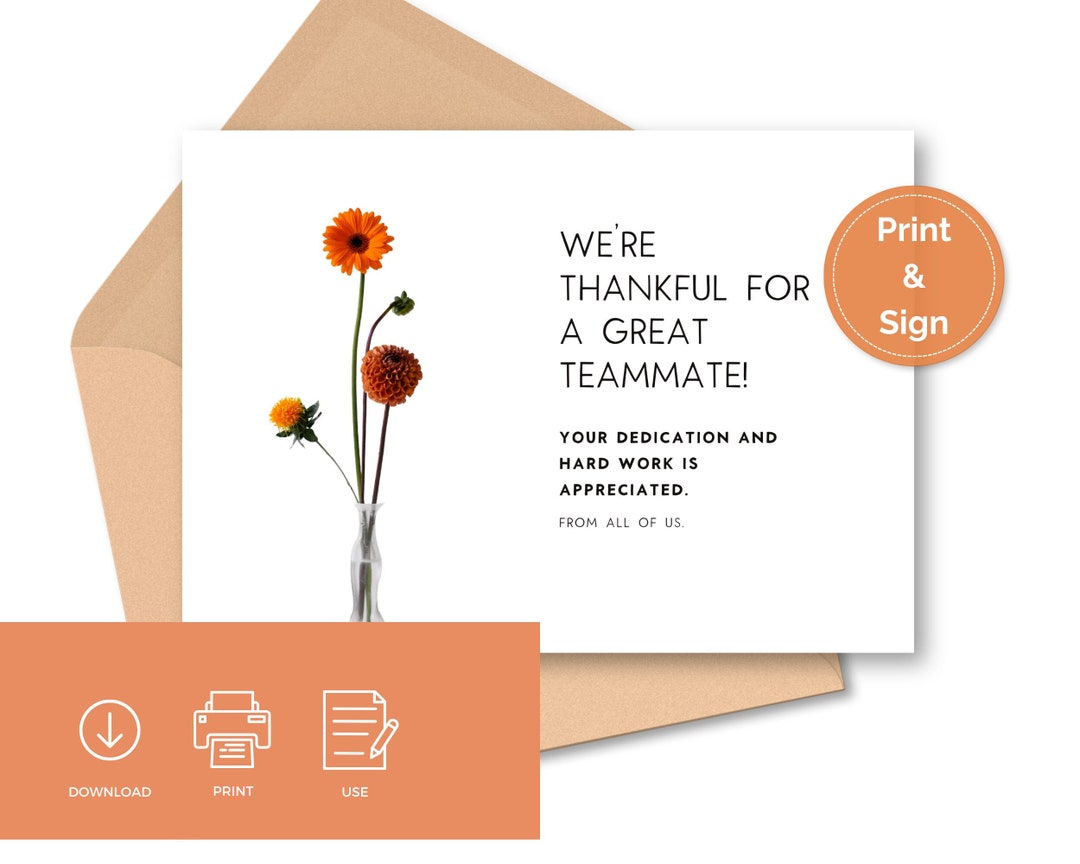 Thank You Card for Teammate, Grateful Coworker Instant Download ...