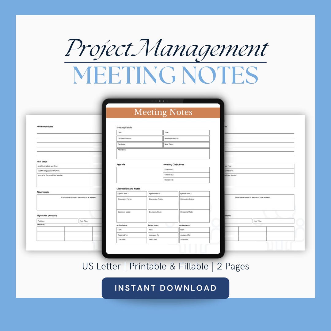 Fillable Project Management Meeting Minutes PDF, Printable Meeting ...