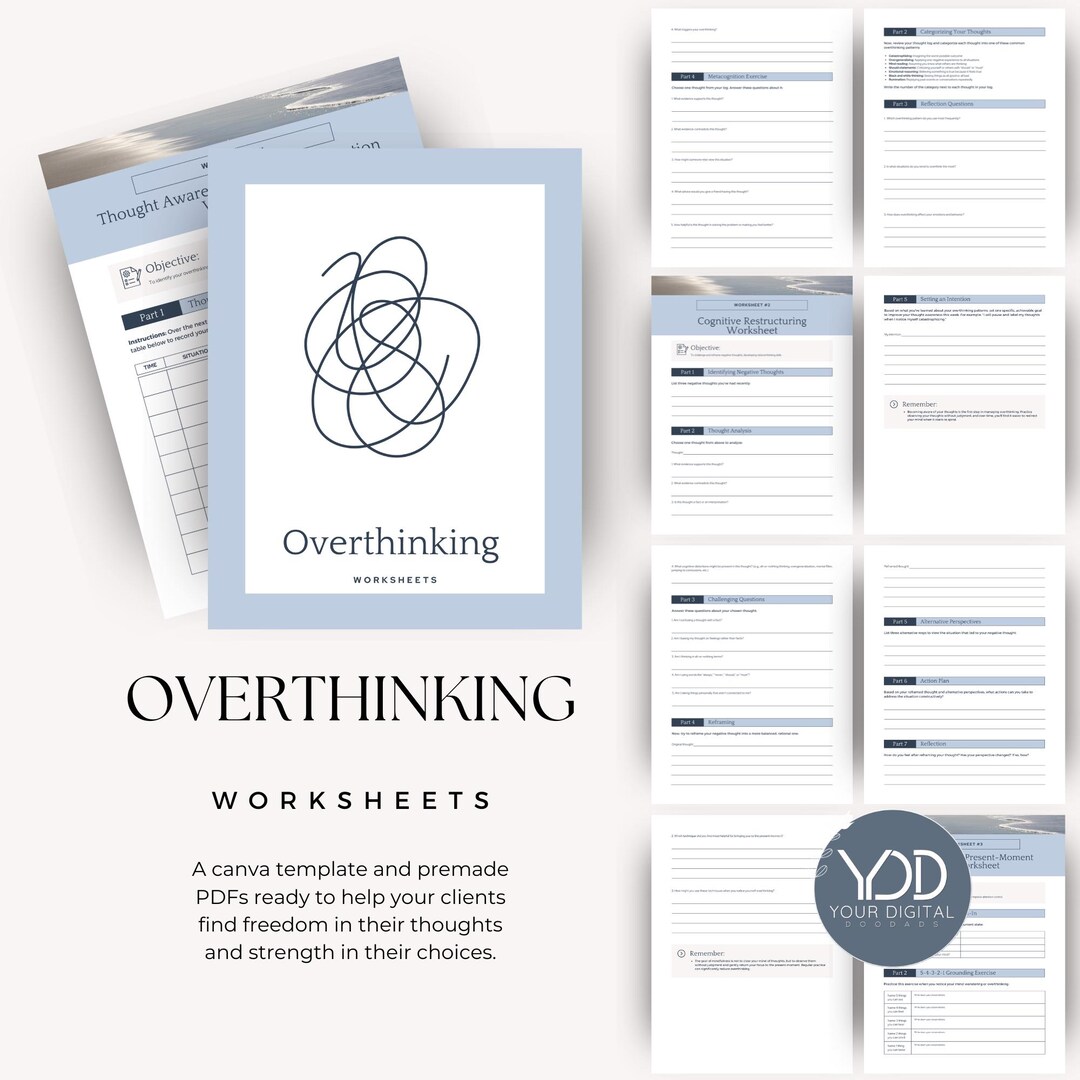Overthinking Worksheets Canva Template for Life Coach, Anxiety Journal, Mindfulness Planner ...
