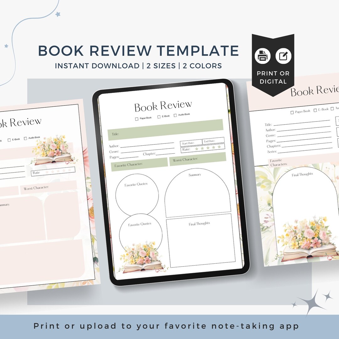 Book Review Template Goodnotes Simple Book Club Printable Book Review ...