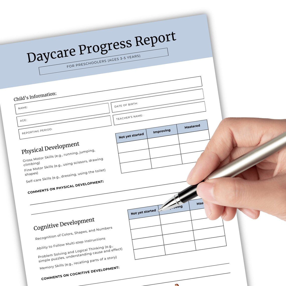 Daycare Progress Report Printable PDF, Student Assessment Template ...