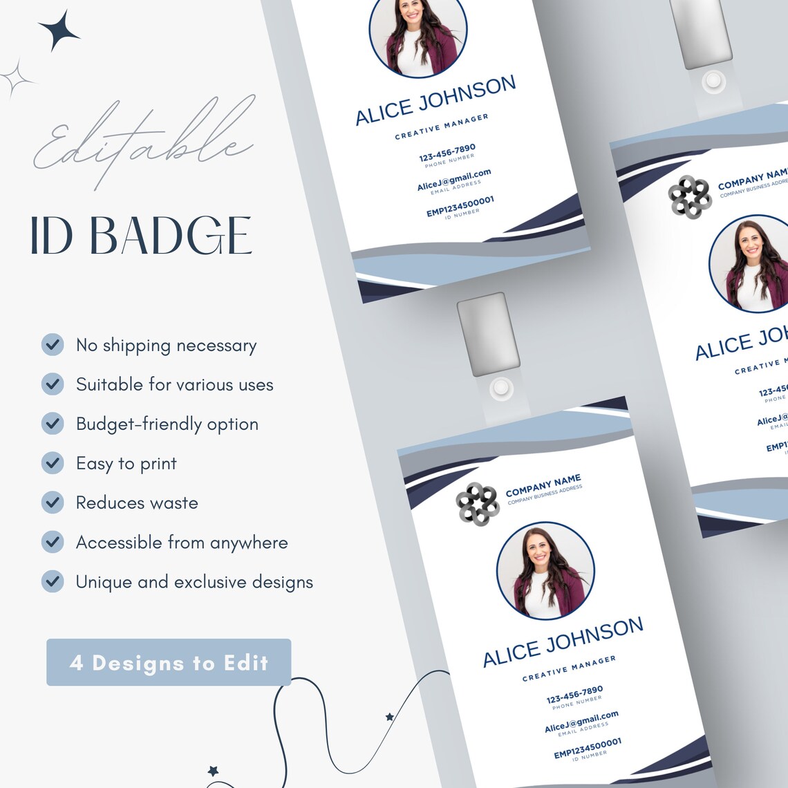 ID Badge Template Work Badge Photo ID Card Employee Name Badge ...