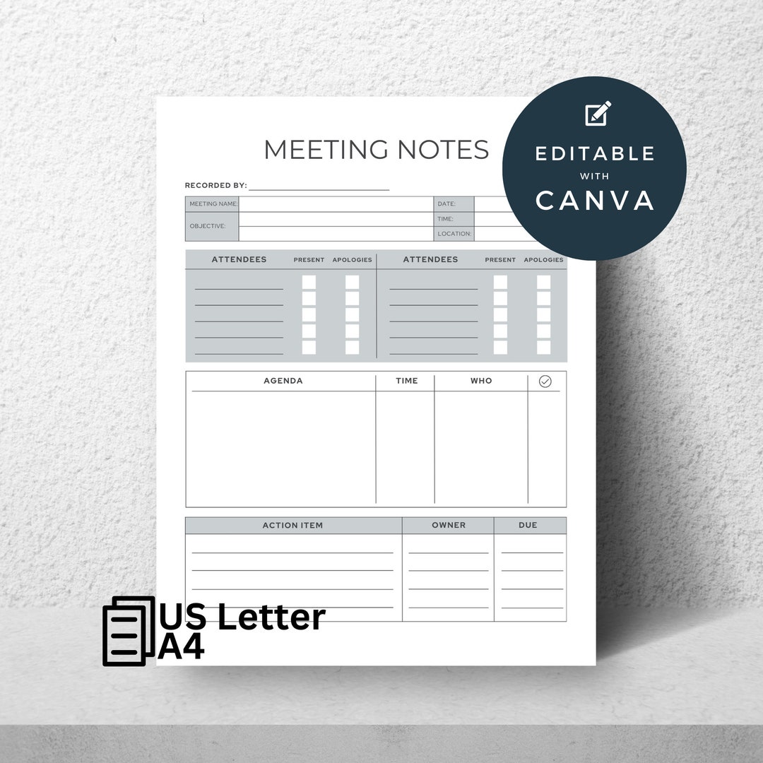 Meeting Minutes Template Editable Meeting Notes Printable Business ...