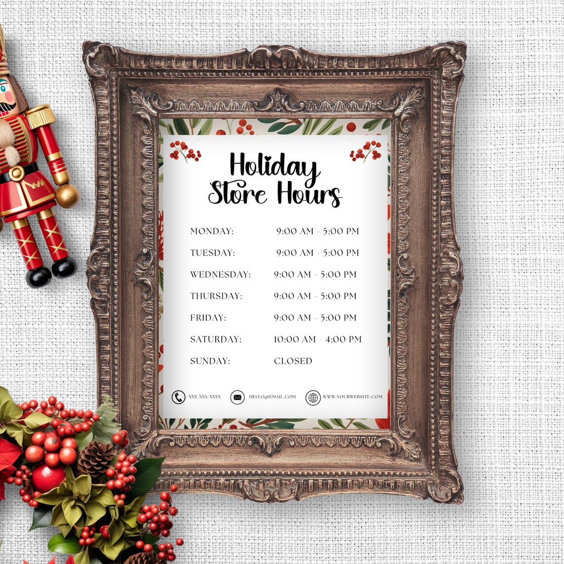Holiday Business Hours Sign, Opening Hours Store Template, Editable ...