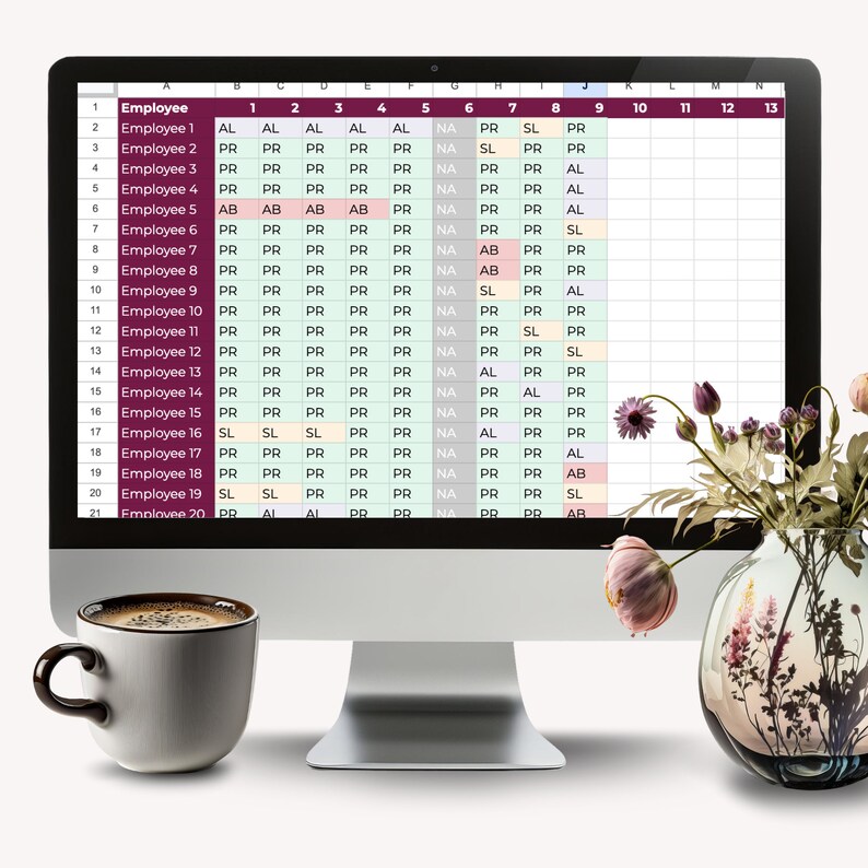 Google Sheets Work Schedule Attendance Tracker Template Employee Time ...