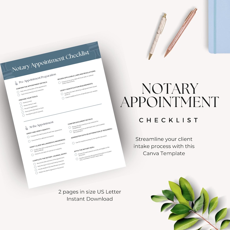 Notary Appointment Checklist Editable Template, Business Form for ...