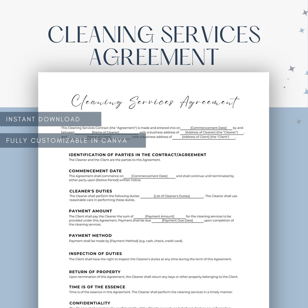 Editable Cleaning Services Agreement Commercial Residential Janitorial ...