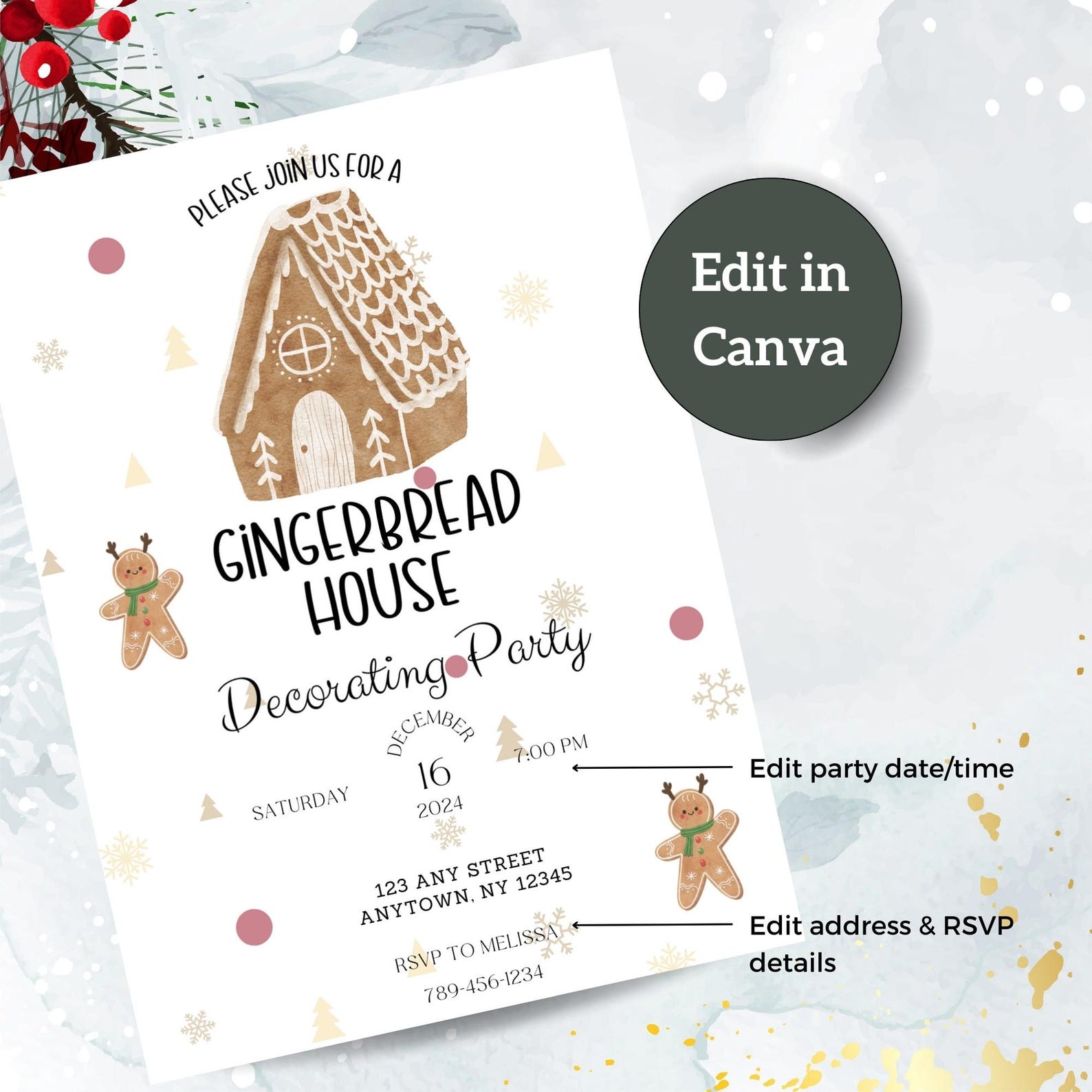 Editable Gingerbread House Decorating Party Invitation Canva Template ...