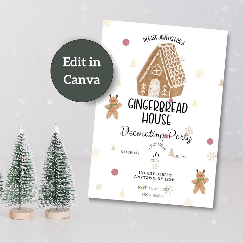 Editable Gingerbread House Decorating Party Invitation Canva Template ...