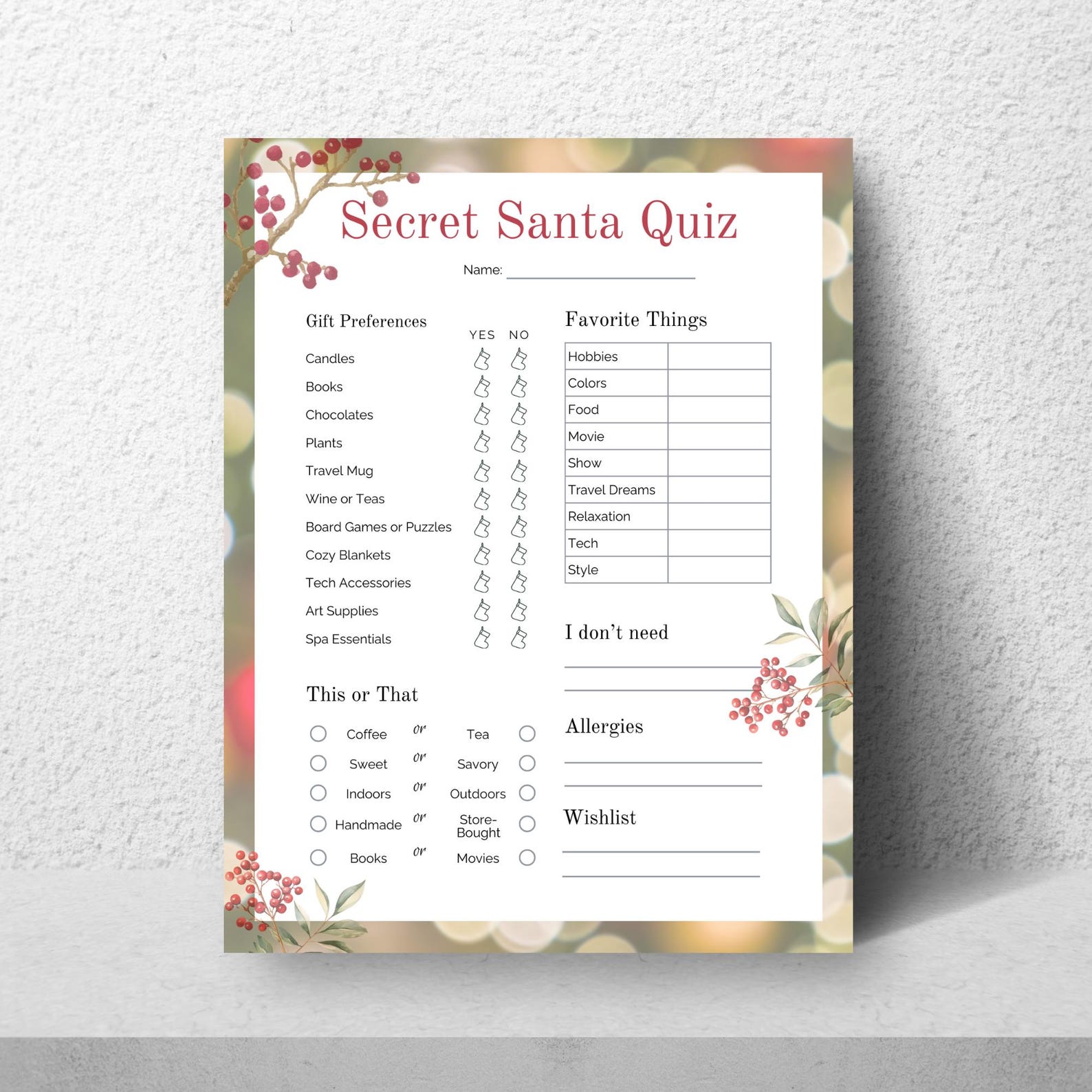 Printable Secret Santa Quiz, Holiday Gift Exchange Form, Office Party ...