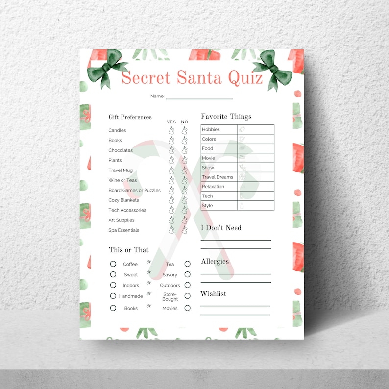 Printable Secret Santa Quiz, Holiday Gift Exchange Form, Office Party ...