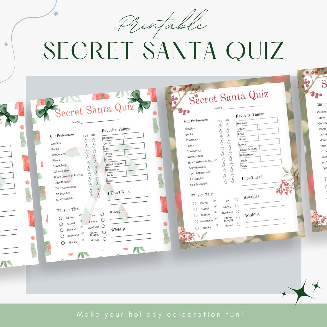 Printable Secret Santa Quiz, Holiday Gift Exchange Form, Office Party ...