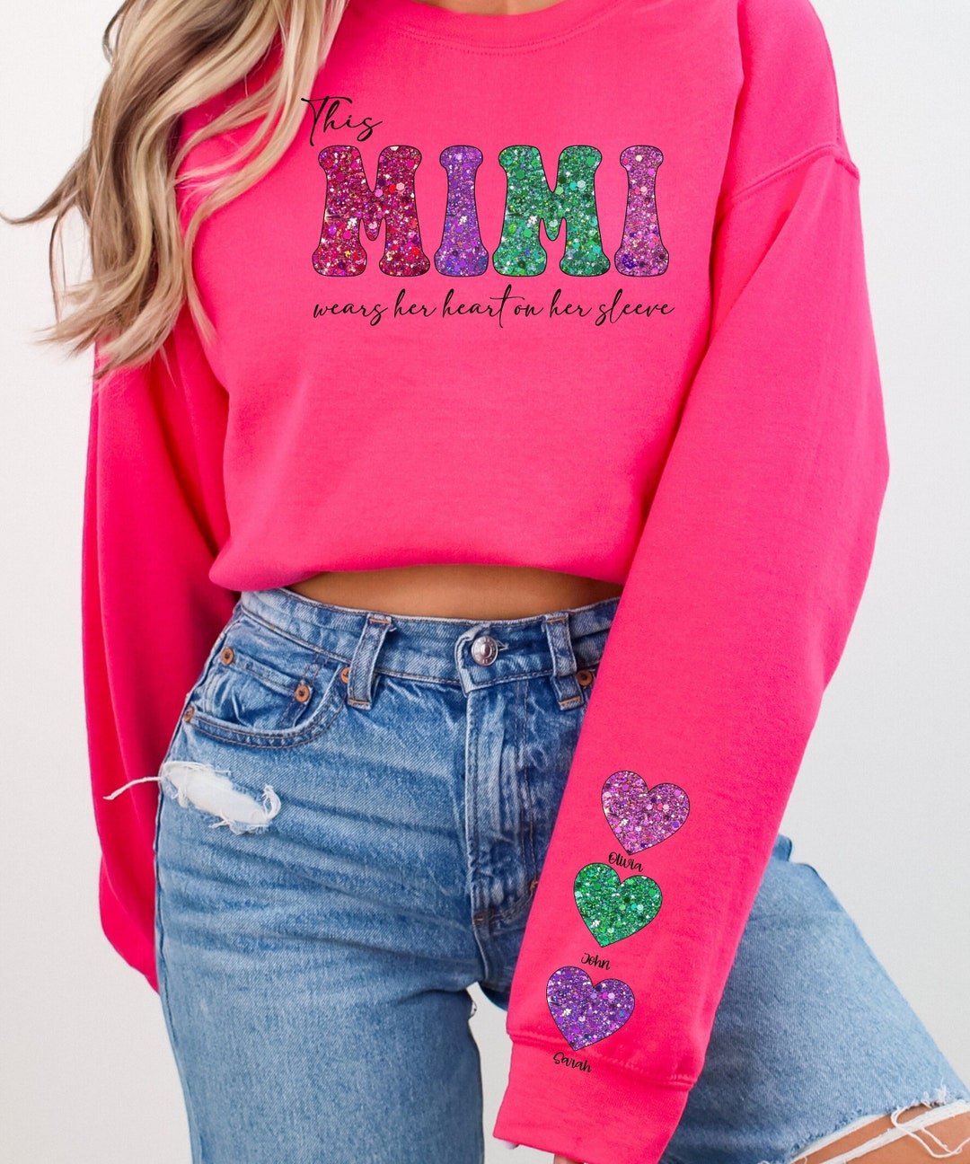 This Mimi Wears Her Heart on Her Sleeve Custom Mama Crewneck Sweatshirt ...
