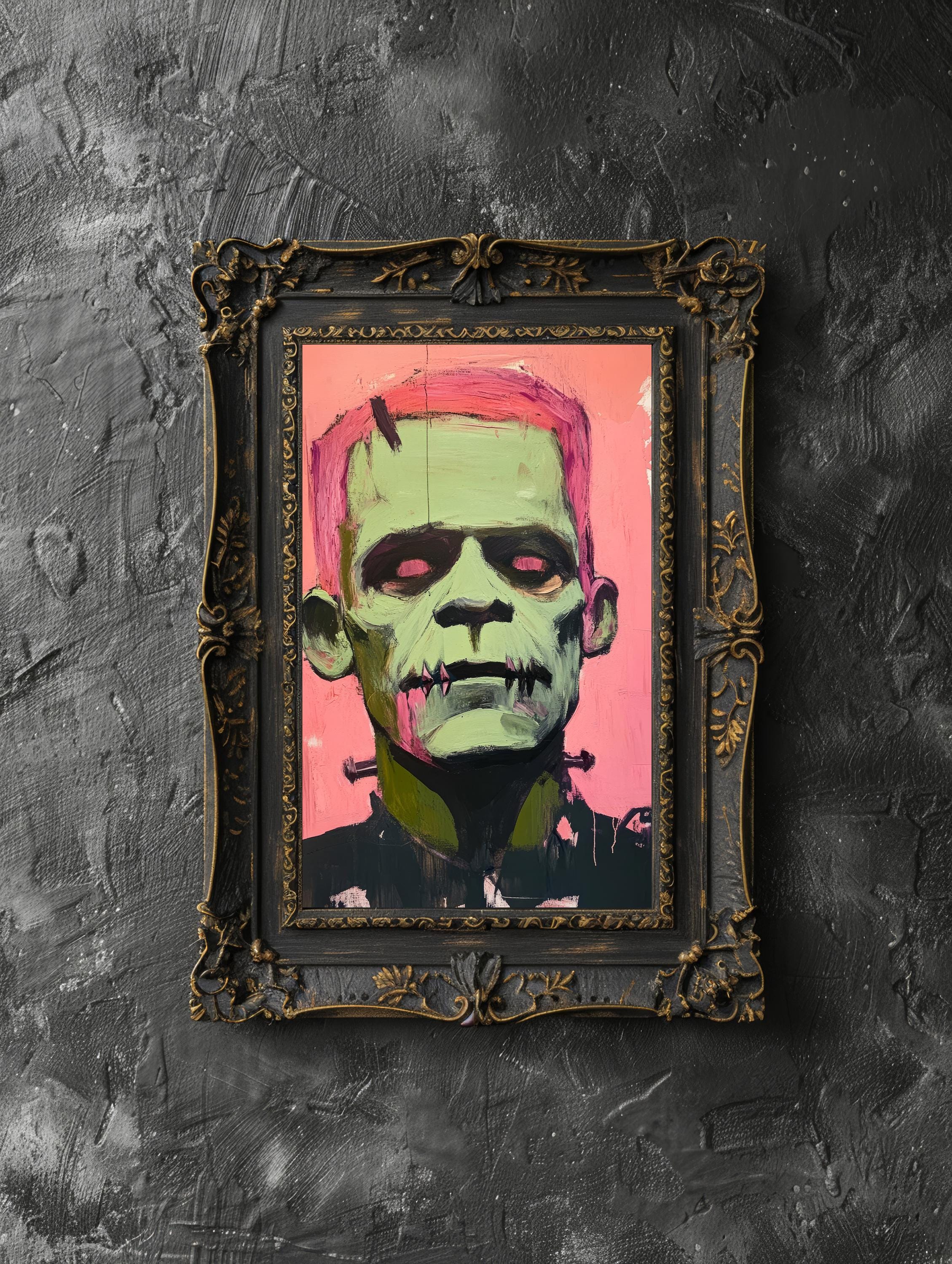 Frankenstein Poster Print Halloween Wall Art Home Decor Gift Moody Pink ...