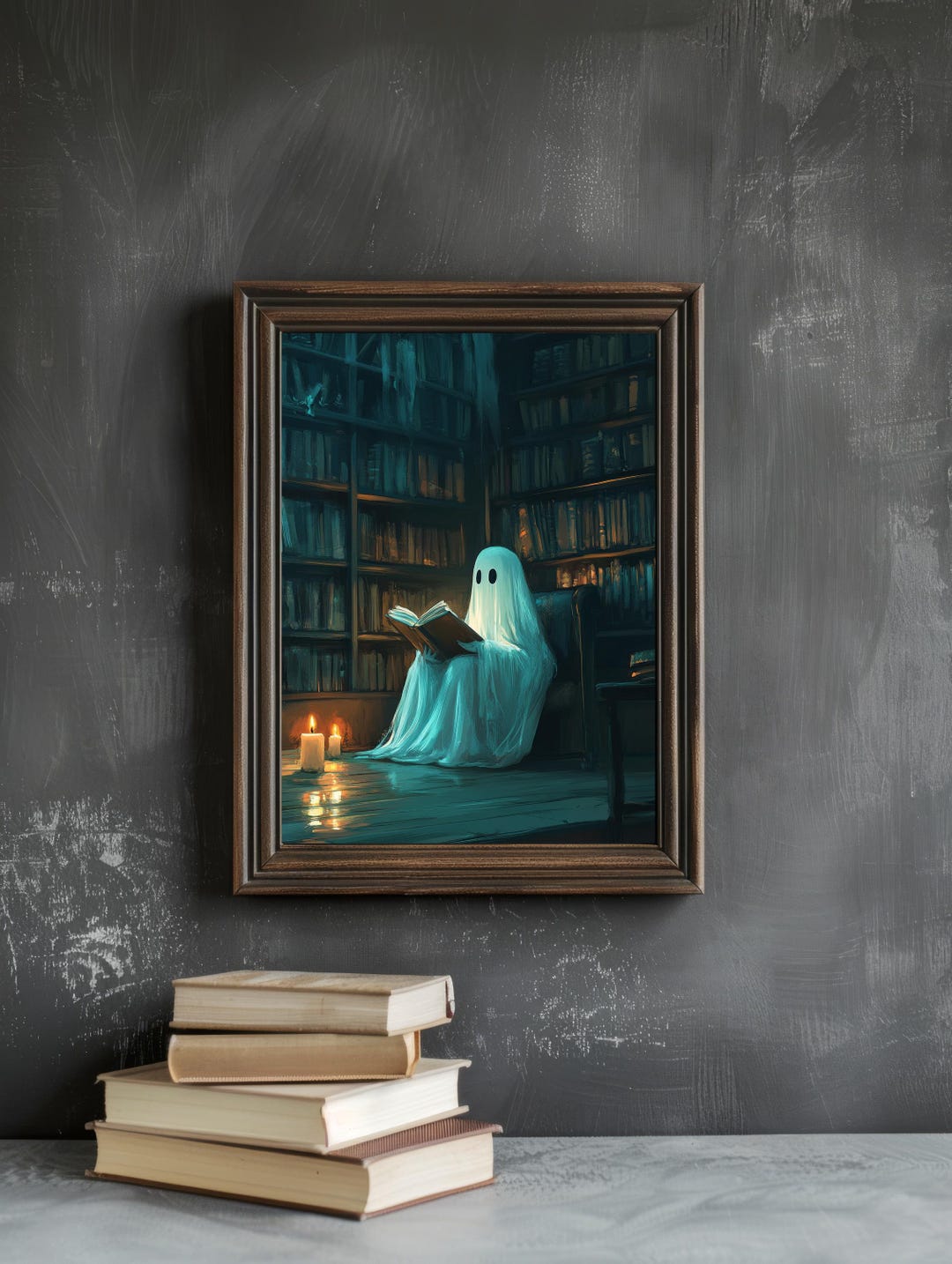 Painted Library Ghost Decor Reading Ghost Book Lover Gift Vintage Oil ...