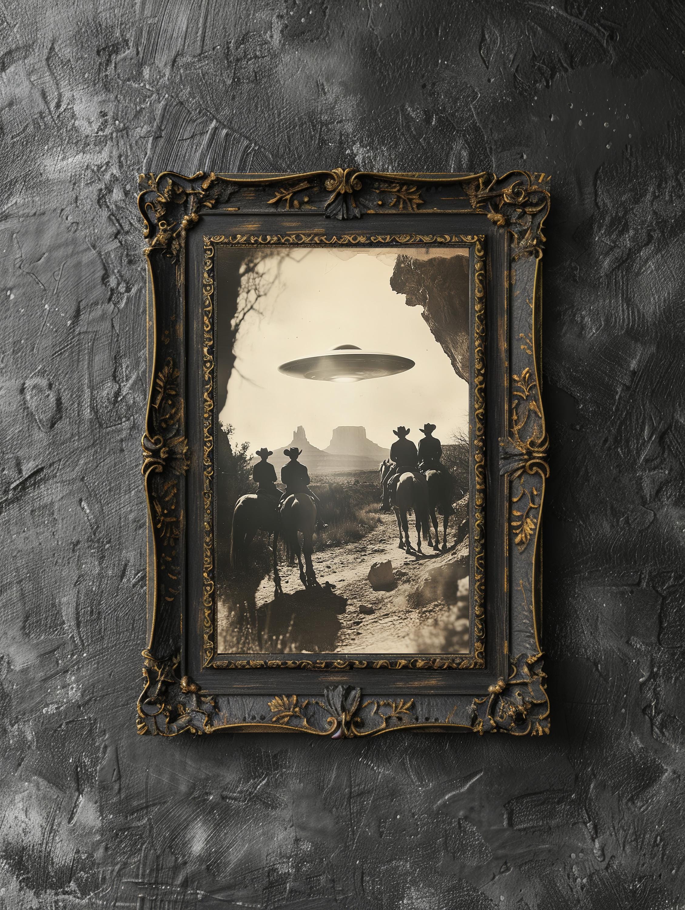 Antique Southwestern Cowboy Decor Alien Close Encounter Art Print Dark ...