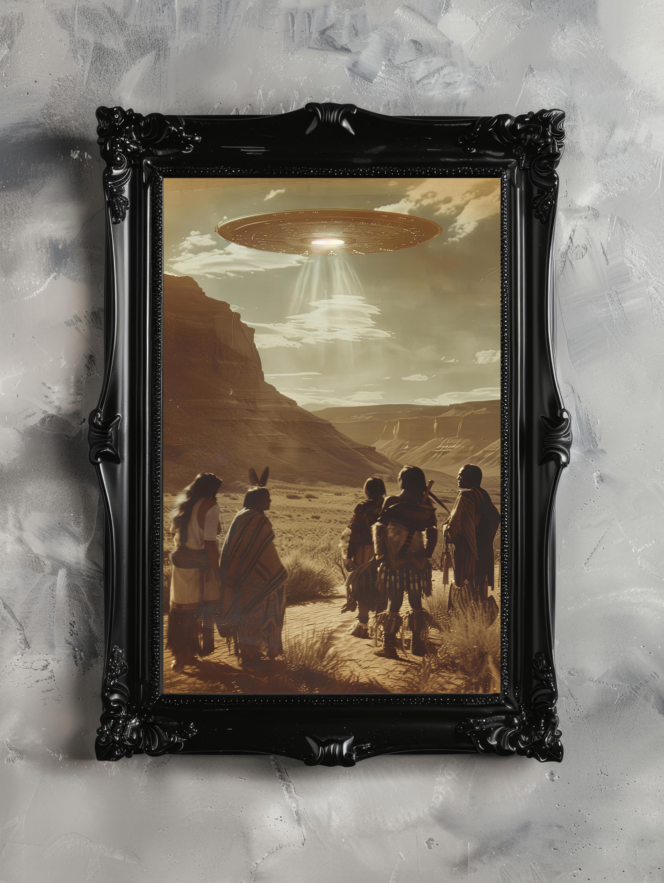 Native American Wild West Vintage Alien Close Encounter Wall Art, Dark ...