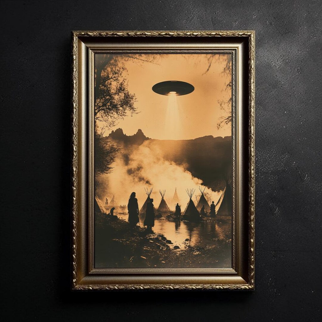 Vintage Antique Native American Alien Close Encounter Wall Art, Dark ...