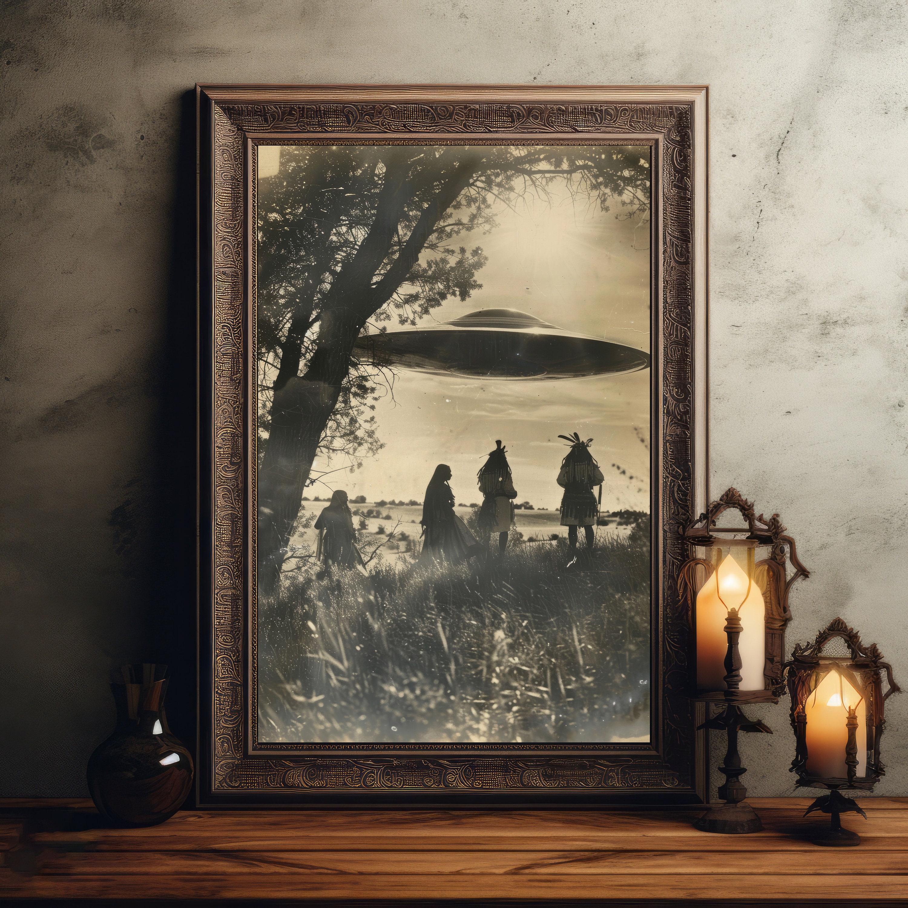 Vintage Native American Alien Close Encounter Wall Art, Dark Academia ...