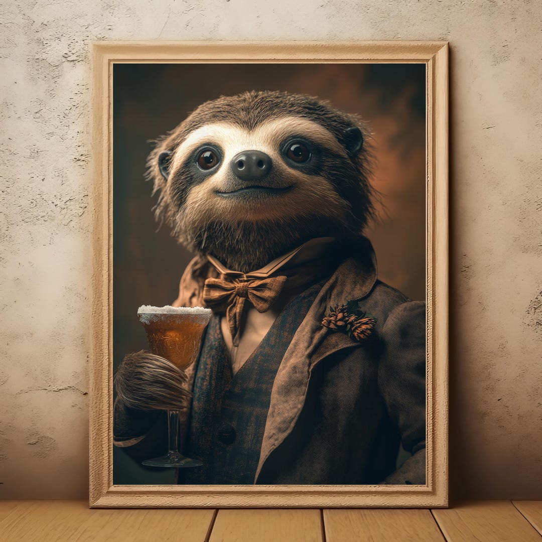 Victorian Sloth Portrait Print Funny Dressed Animal Wall Art Rustic ...