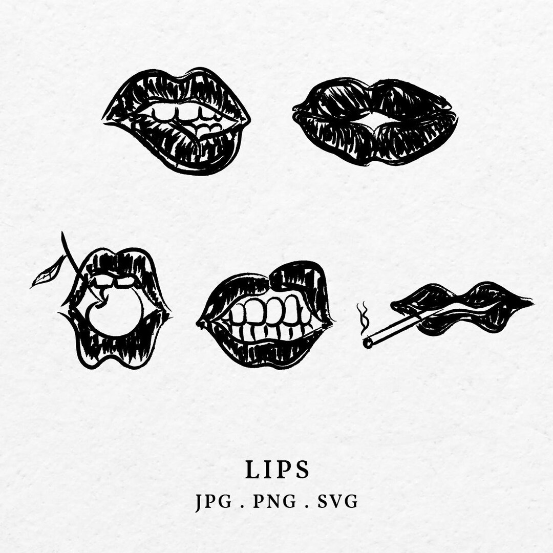 Hand Drawn Kiss Lips Clip Art Illustration Bundle SVG PNG - Whimsical ...