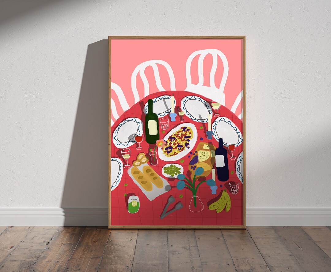 Pasta Night Party With Friends Print Red and Pink Table, Mussels Beans ...