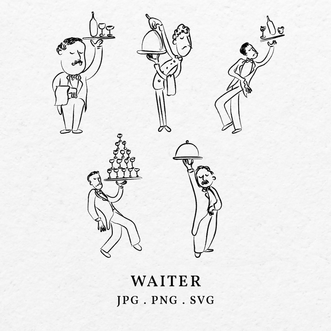 Hand Drawn Waiter Illustration Clip Art Bundle SVG PNG - Whimsical ...