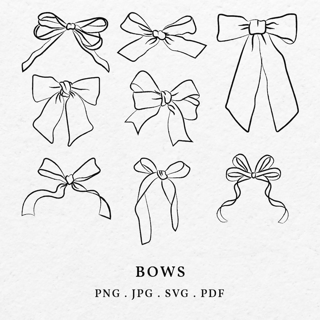 Hand Drawn Bows Illustration Bundle SVG PNG - Whimsical Bow Clip Art Outline Icon for Wedding ...