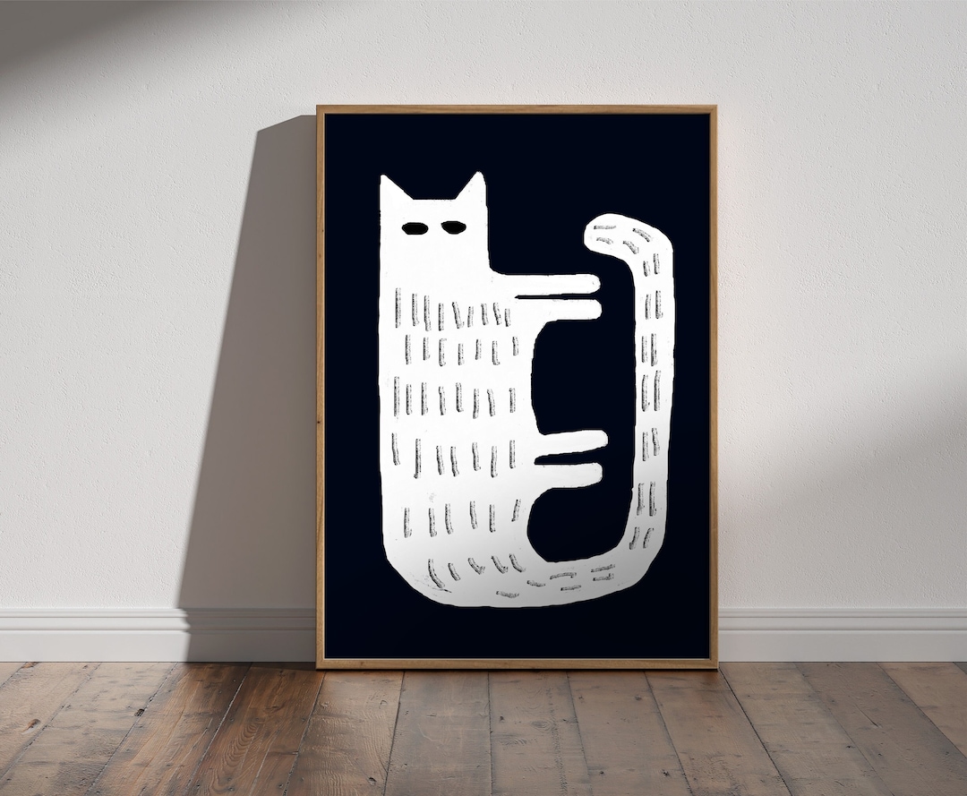 White Cat - Chic Minimalist White Cat Wall Art Print - Elegant Black ...