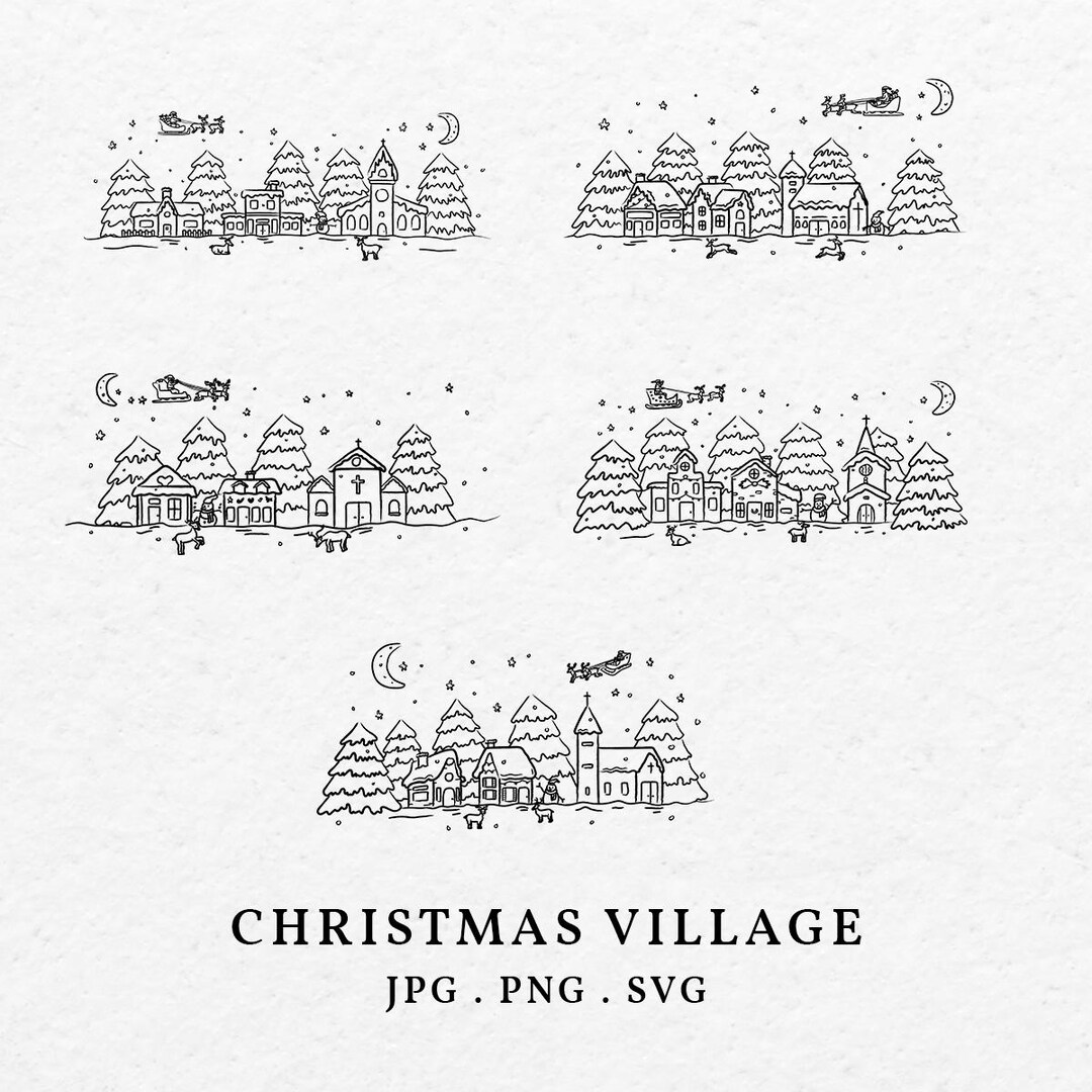 Hand Drawn Christmas Village Illustration Clip Art Bundle SVG PNG ...