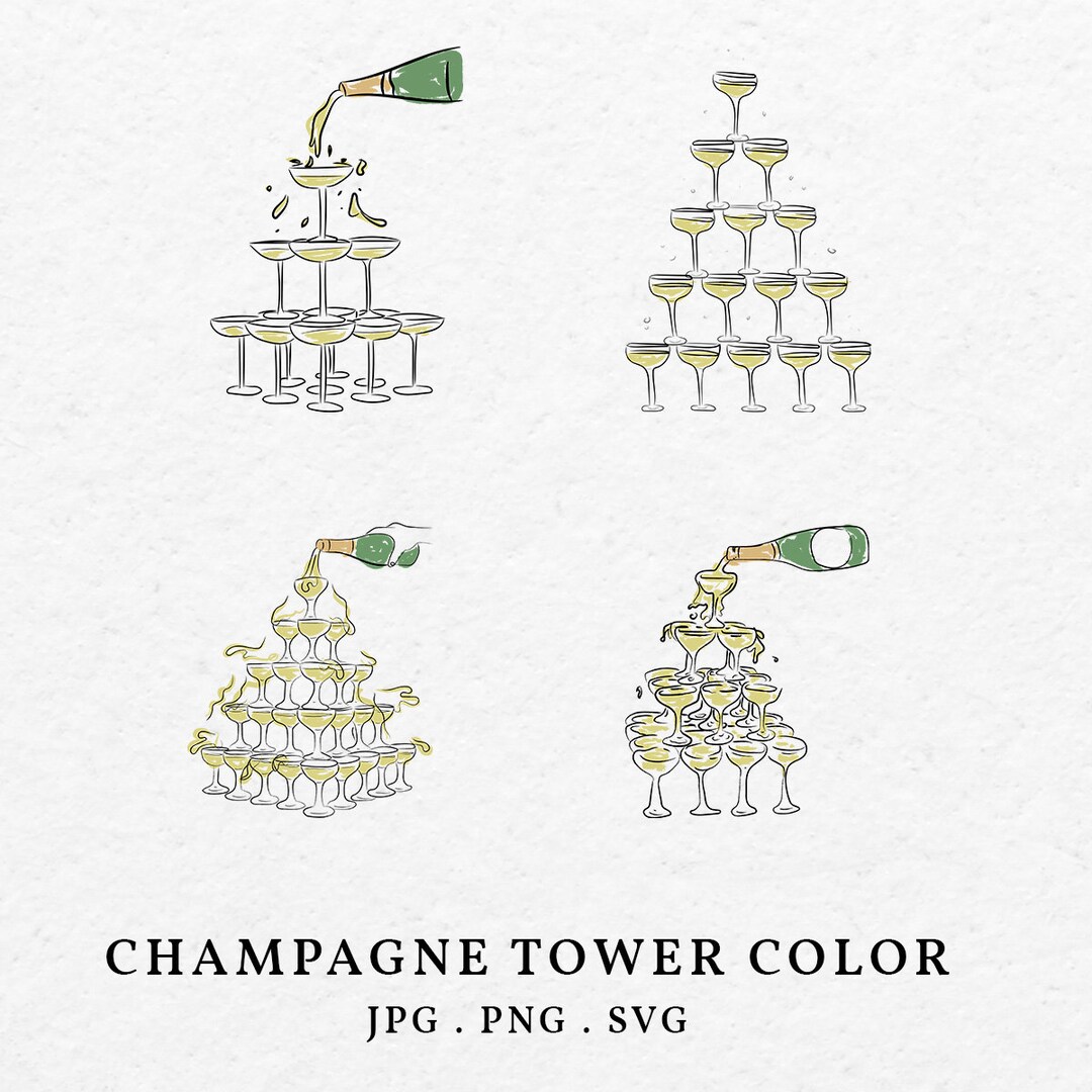 Champagne Tower Color Illustration Bundle SVG PNG - Hand Drawn Whimsical Pouring Champagne Clip ...