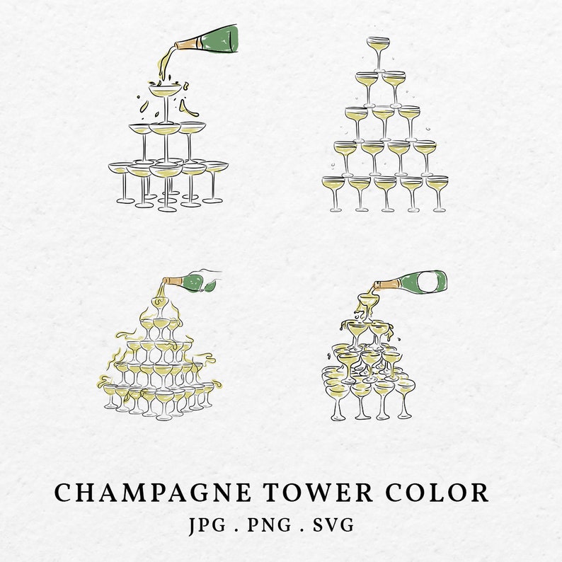 Champagne Tower Color Illustration Bundle SVG PNG Hand Drawn Whimsical ...