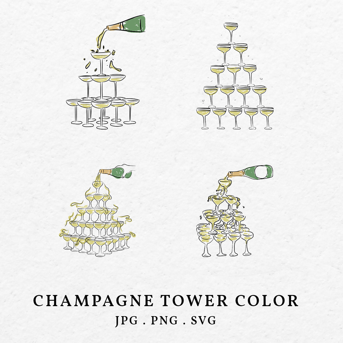 Champagne Tower Color Illustration Bundle SVG PNG Hand Drawn Whimsical ...