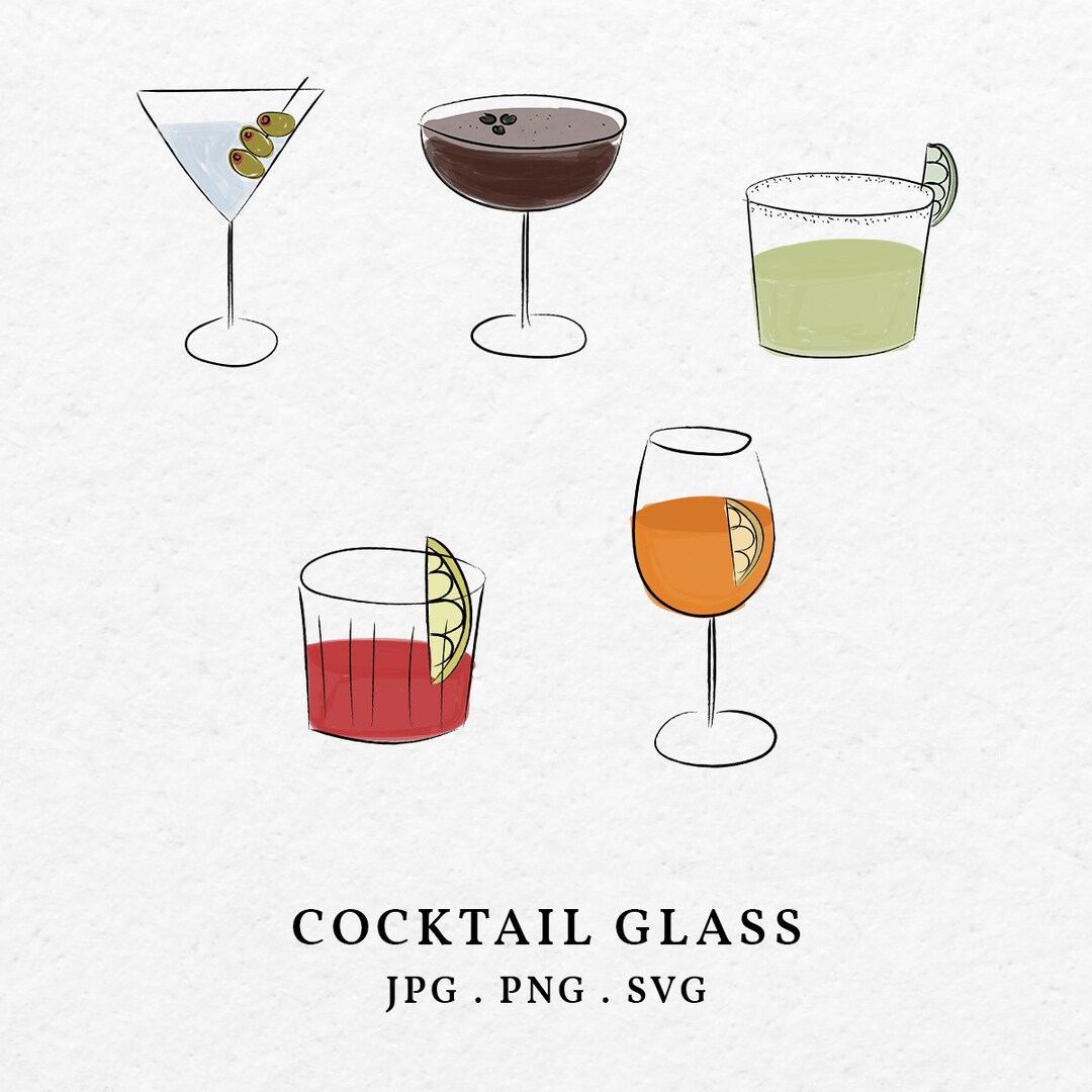 Cocktail Glass Illustration Bundle SVG PNG - Hand Drawn Dirty Martini ...
