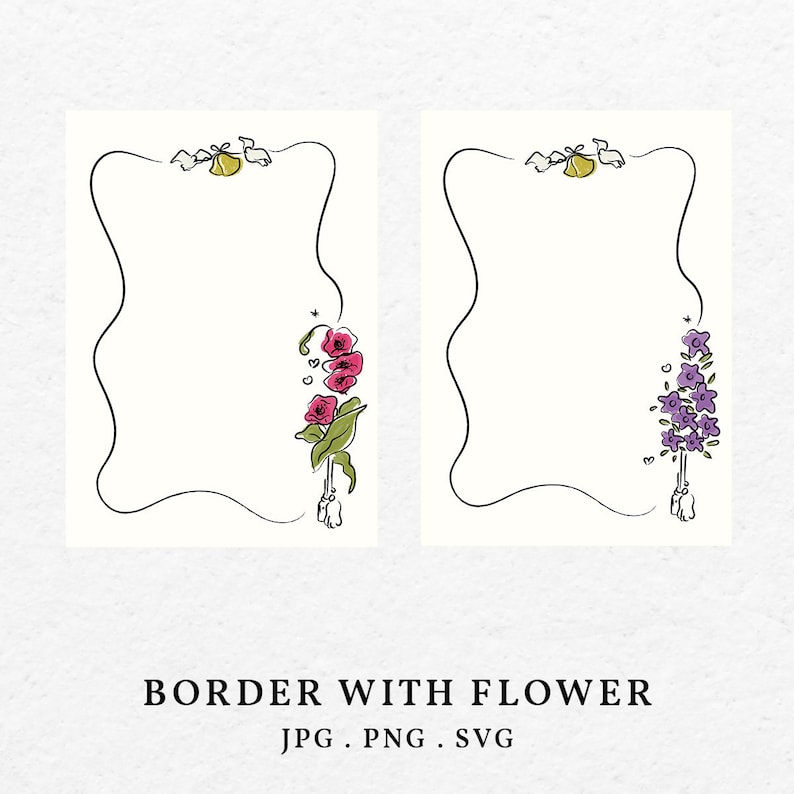 Hand Drawn Whimsical Border With Flowers and Birds Illustration Clip Art SVG PNG Doodle Frame ...